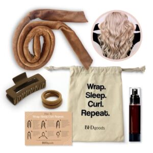 bhdbeauty no heat curling headband you can sleep in- heatless overnight natural curls- rod ribbon lazy hair curler wrap kit for long hair- includes bonus airless spray bottle, caramel, 5 piece set