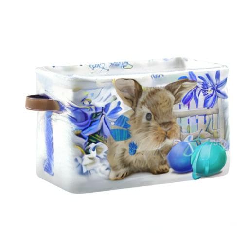 Easter Rabbit Bunny Eggs Storage Basket Blue Flowers Storage Fabric Baskets Organizer Box Bin Large Collapsible Cube Basket with PU Handles for Shelf Closet Nursery Laundry 1 Pack