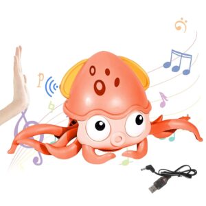 hzmeng crawling octopus baby toys, tummy time toys with light up and music, interactive walking dancing toy controlled by hands or feet with sensor obstacle avoidance function (pink)