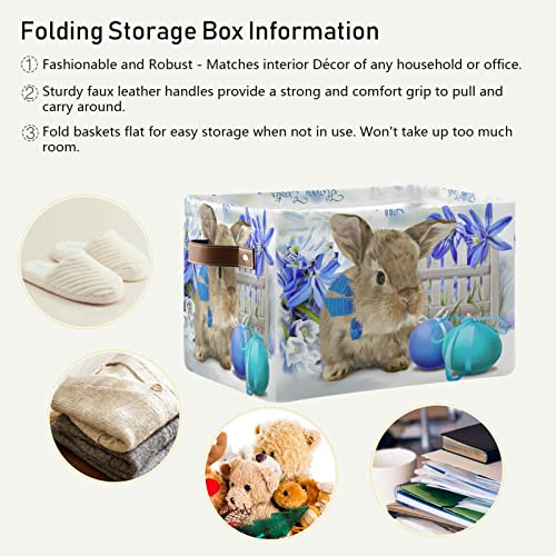 Easter Rabbit Bunny Eggs Storage Basket Blue Flowers Storage Fabric Baskets Organizer Box Bin Large Collapsible Cube Basket with PU Handles for Shelf Closet Nursery Laundry 1 Pack