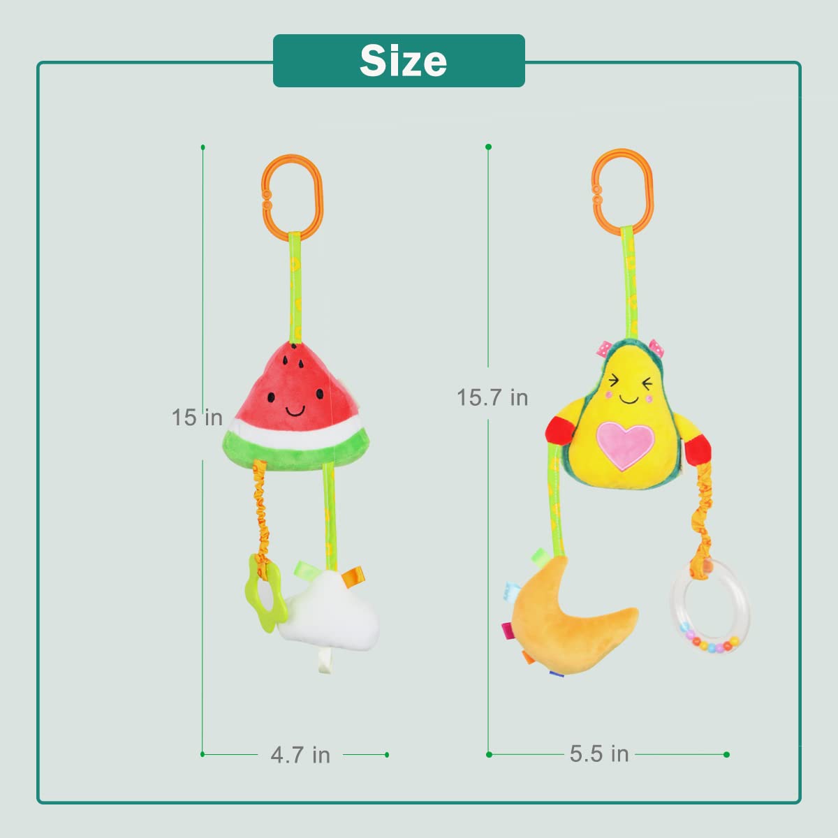 2PCS Soft Plush Hanging Stroller Toys with Teether and Rattles,Newborn Stroller Car Seat Crib Toys Colorful Fruits Sensory Early Development Toy for 0-12 Months Toddlers