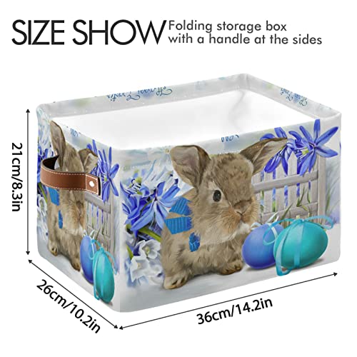 Easter Rabbit Bunny Eggs Storage Basket Blue Flowers Storage Fabric Baskets Organizer Box Bin Large Collapsible Cube Basket with PU Handles for Shelf Closet Nursery Laundry 1 Pack