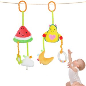 2pcs soft plush hanging stroller toys with teether and rattles,newborn stroller car seat crib toys colorful fruits sensory early development toy for 0-12 months toddlers