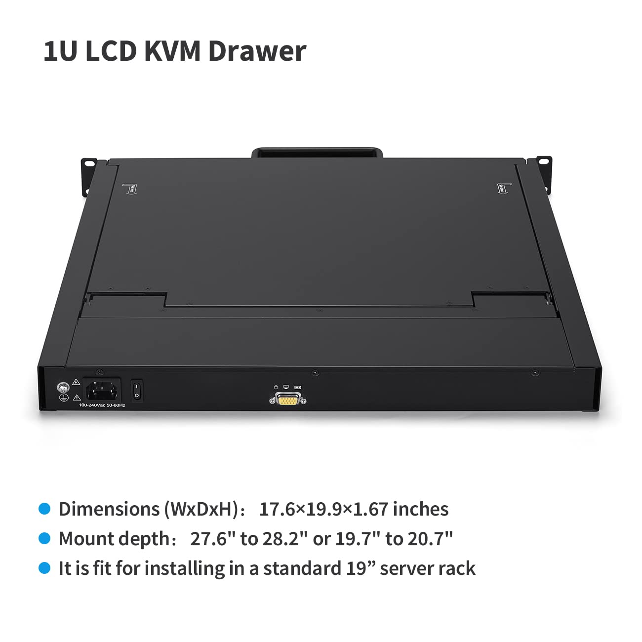 1U Rackmount KVM Console, 17" Rack Mount Monitor Keyboard, Single Port VGA KVM, 18.9" Deep, 1280X1024 60Hz, Includes 1 USB VGA KVM Cable,1 Power Cord,2 Brackets, Support Windows, Linux, Mac and Sun