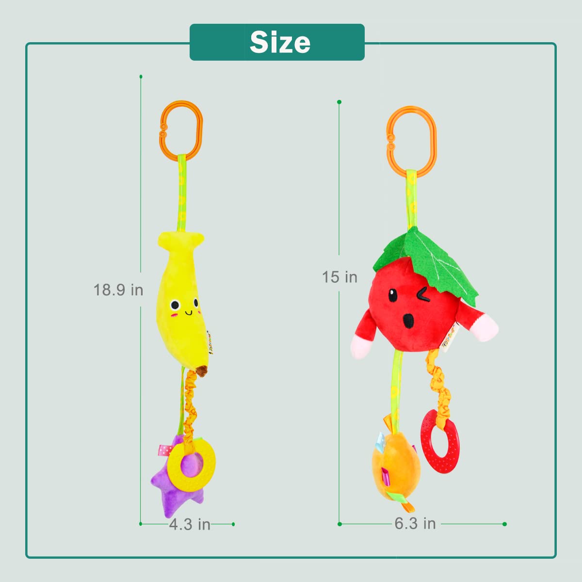 2PCS Soft Plush Hanging Stroller Toys with Teether and Rattles,Newborn Stroller Car Seat Crib Toys Colorful Fruits Sensory Early Development Toy for 0-12 Months Toddlers(Banana ＆ Strawberry)