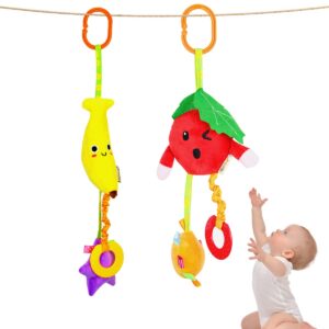 2pcs soft plush hanging stroller toys with teether and rattles,newborn stroller car seat crib toys colorful fruits sensory early development toy for 0-12 months toddlers(banana ＆ strawberry)