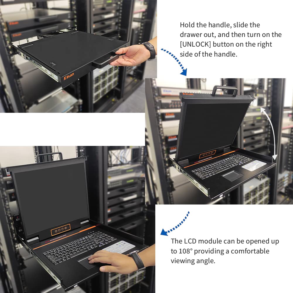 1U Rackmount KVM Console, 17" Rack Mount Monitor Keyboard, Single Port VGA KVM, 18.9" Deep, 1280X1024 60Hz, Includes 1 USB VGA KVM Cable,1 Power Cord,2 Brackets, Support Windows, Linux, Mac and Sun