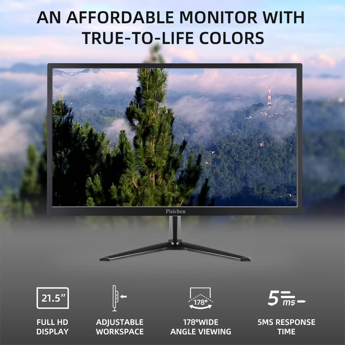 Pisichen Computer Monitor, 21.5-inch PC Monitor Full HD 1920x1080 Screen, VGA & HDMI Interfaces, 5ms, 75Hz, Brightness 250 cd/m², Built-in Speaker, Monitor for PS3/PS4/Xbox/Laptop/PC