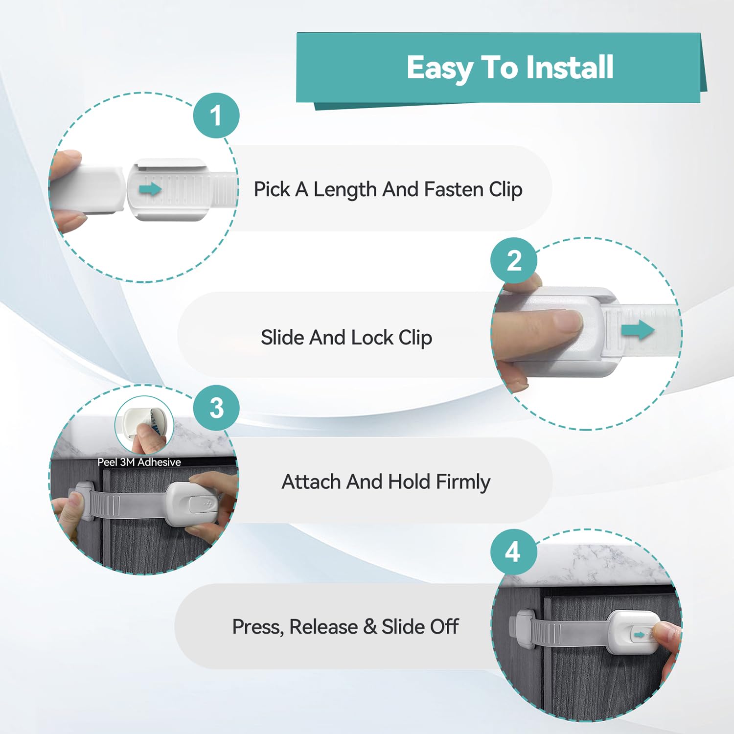 RENAISSANT 6 Pack-Child Safety Locks Baby Proof Cabinet Lock Adjustable Childproof Latches No Drilling Kids Proofing Safety Strap Latches for Cupboard, Drawer, Oven, Fridge, Toilet Seats