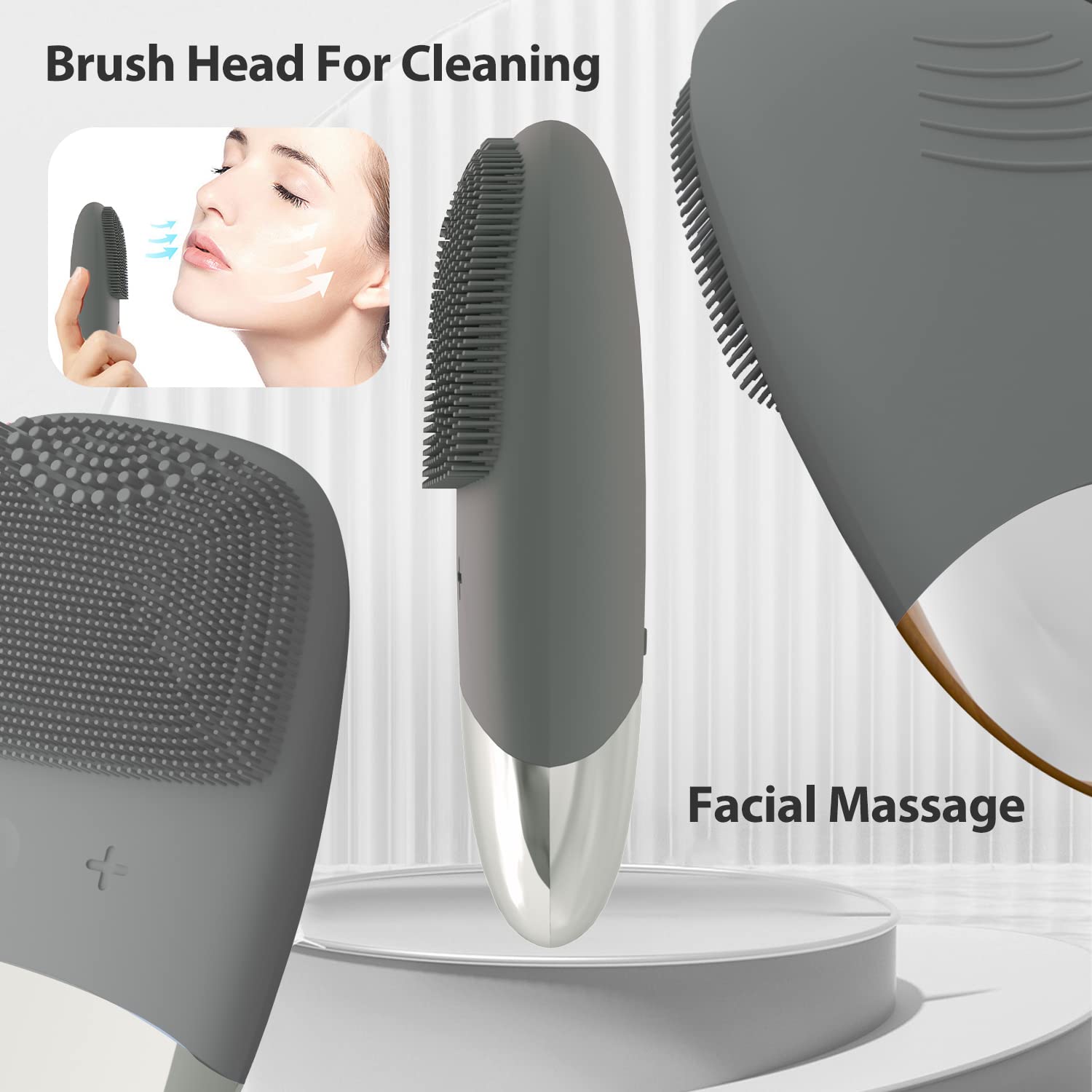 Silicone Face Scrubber, SIWIEY IPX7 Waterproof Sonic Facial Cleansing Brush, USB Rechargeable Sonic Massage Face Brush for Deep Cleansing, Gentle Exfoliating and Massaging (Grey)