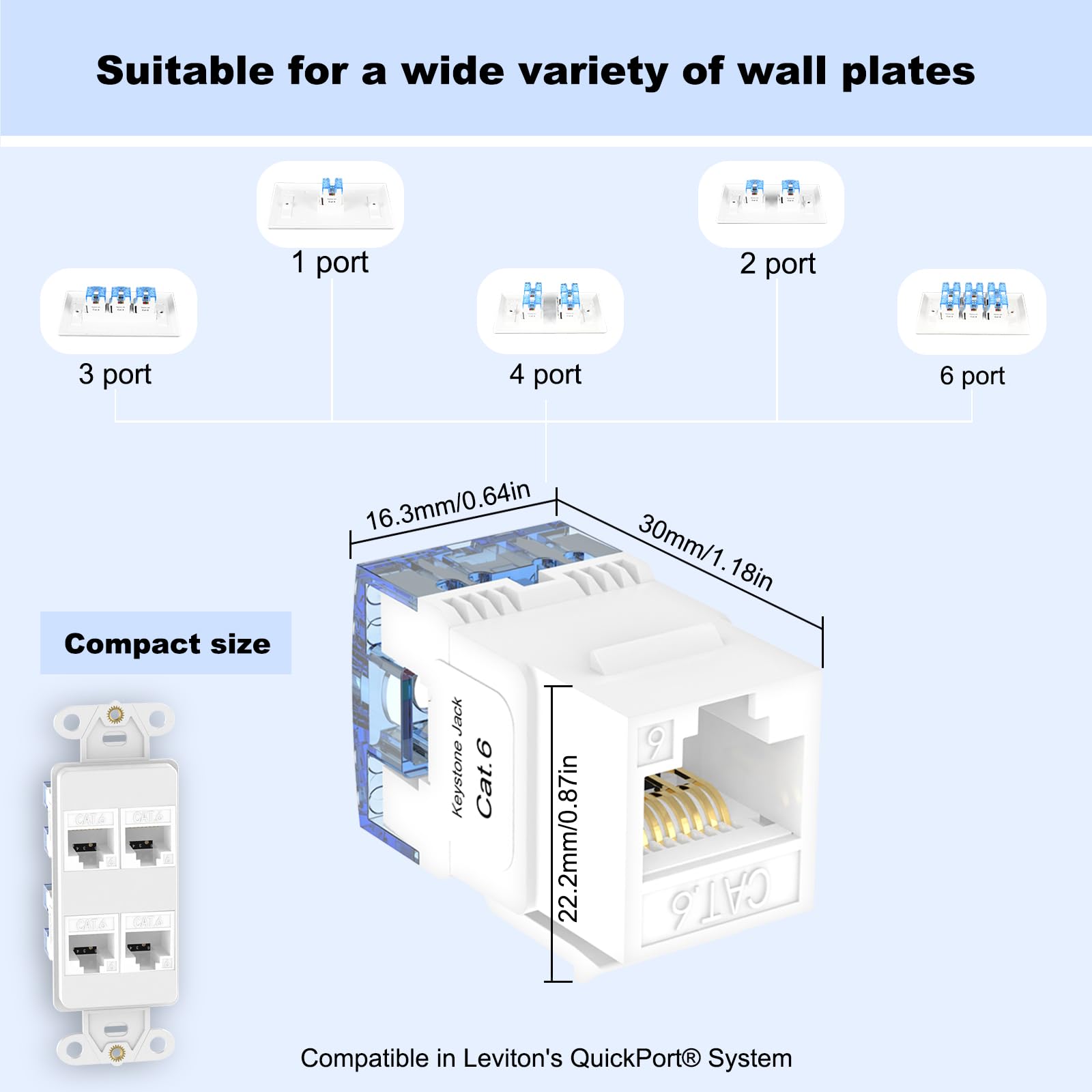 VCELINK Cat6 RJ45 Keystone Jacks Slim Profile 10-Pack, 180-Degree Ethernet Wall Jack Punch Down, Cat5e Cat5 Keystone Module Connector UTP, 110-Type for Wall Plate, Patch Panel (White)