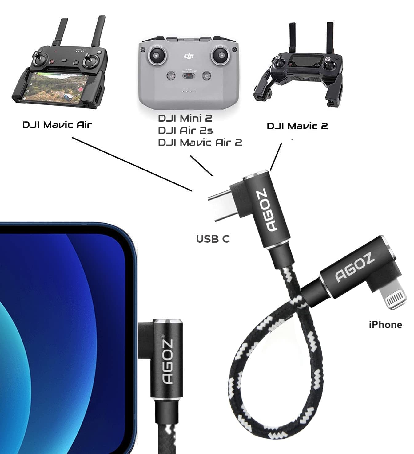 AGOZ 6 Inch USB C to Lightning Cable 90 Degree Right Angle for DJI Mavic 3, Mini 2,Air 2S, Mavic Air 2, HeavyDuty Braided, Accessories Remote Controller Extension Cord - USB C to iPhone Connector