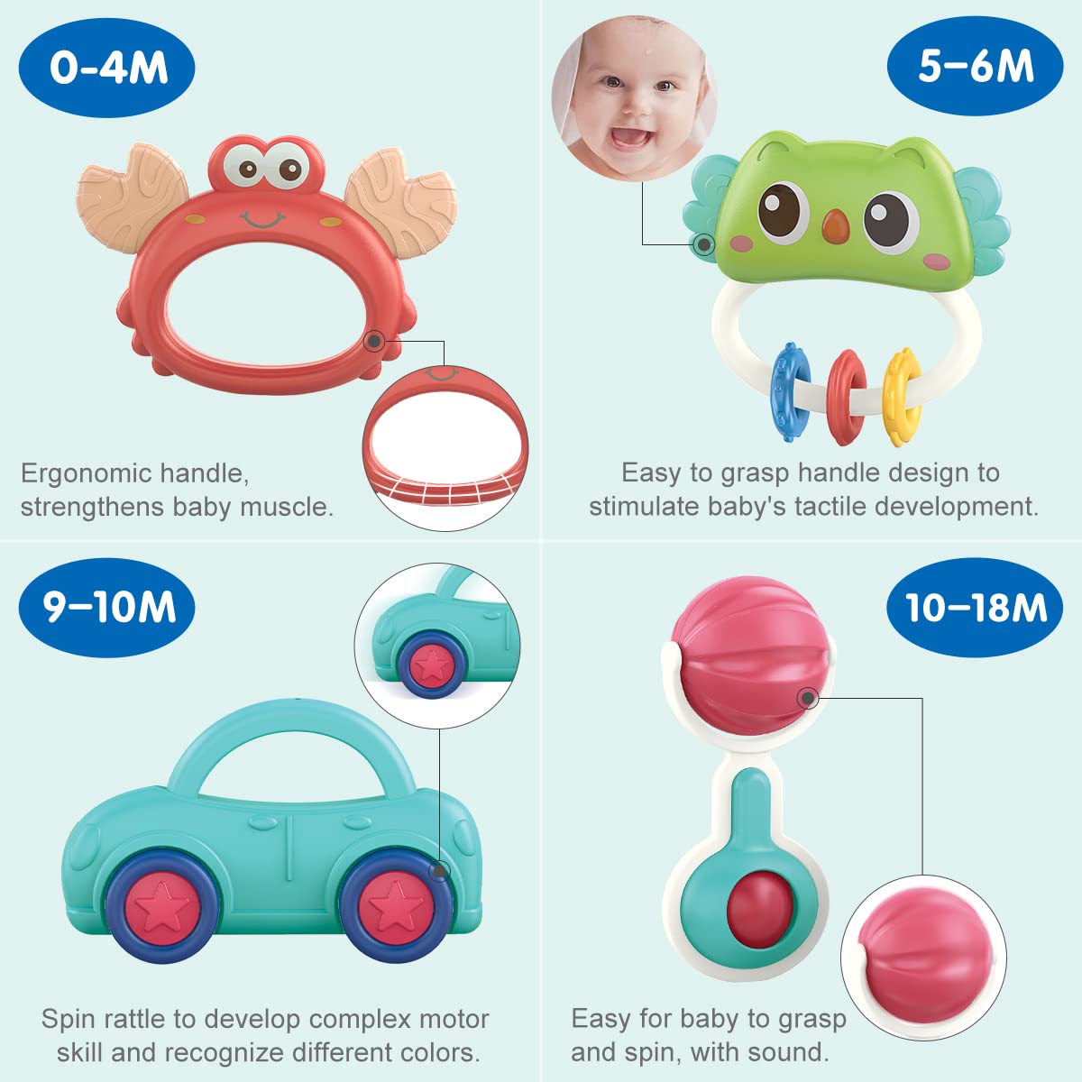 Qizebaby Baby Toys 6 to 12 Months, 12PCS Rattle Baby Teething Toys, Shaker Grab and Spin Rattles Toy, Music Learning Toys for 0 1 2 3 4 5 6 7 8 9 10 11 12 Month Newborn Baby Infant Toddlers Boys Girls