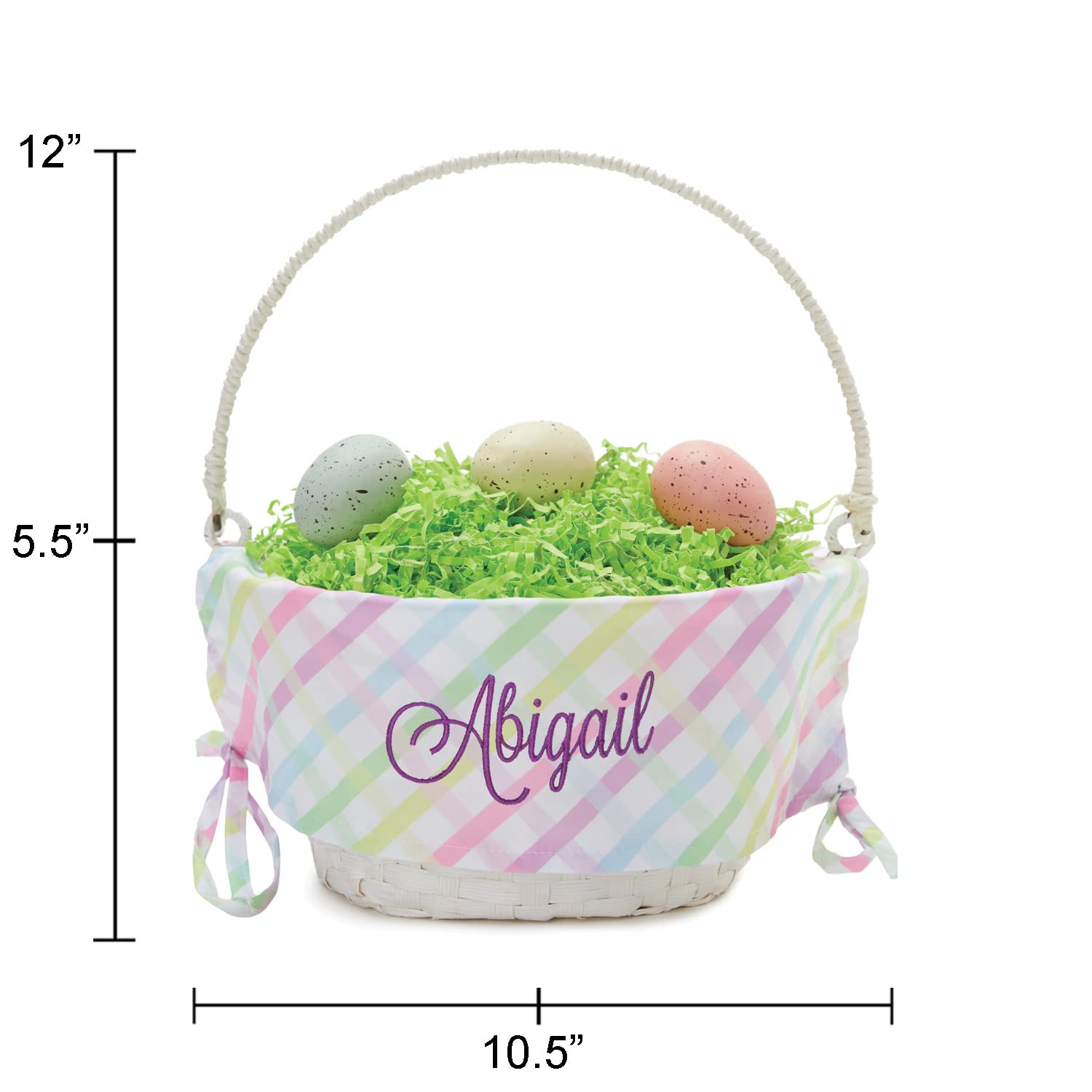 Personalized Easter Egg Basket with Handle and Custom Name in Purple Script | Multicolor Gingham Easter Basket Liners | White Basket | Woven Easter Baskets for Kids Adults | Customized Easter Basket