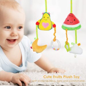 2PCS Soft Plush Hanging Stroller Toys with Teether and Rattles,Newborn Stroller Car Seat Crib Toys Colorful Fruits Sensory Early Development Toy for 0-12 Months Toddlers