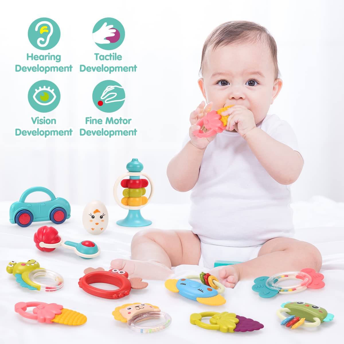 Qizebaby Baby Toys 6 to 12 Months, 12PCS Rattle Baby Teething Toys, Shaker Grab and Spin Rattles Toy, Music Learning Toys for 0 1 2 3 4 5 6 7 8 9 10 11 12 Month Newborn Baby Infant Toddlers Boys Girls