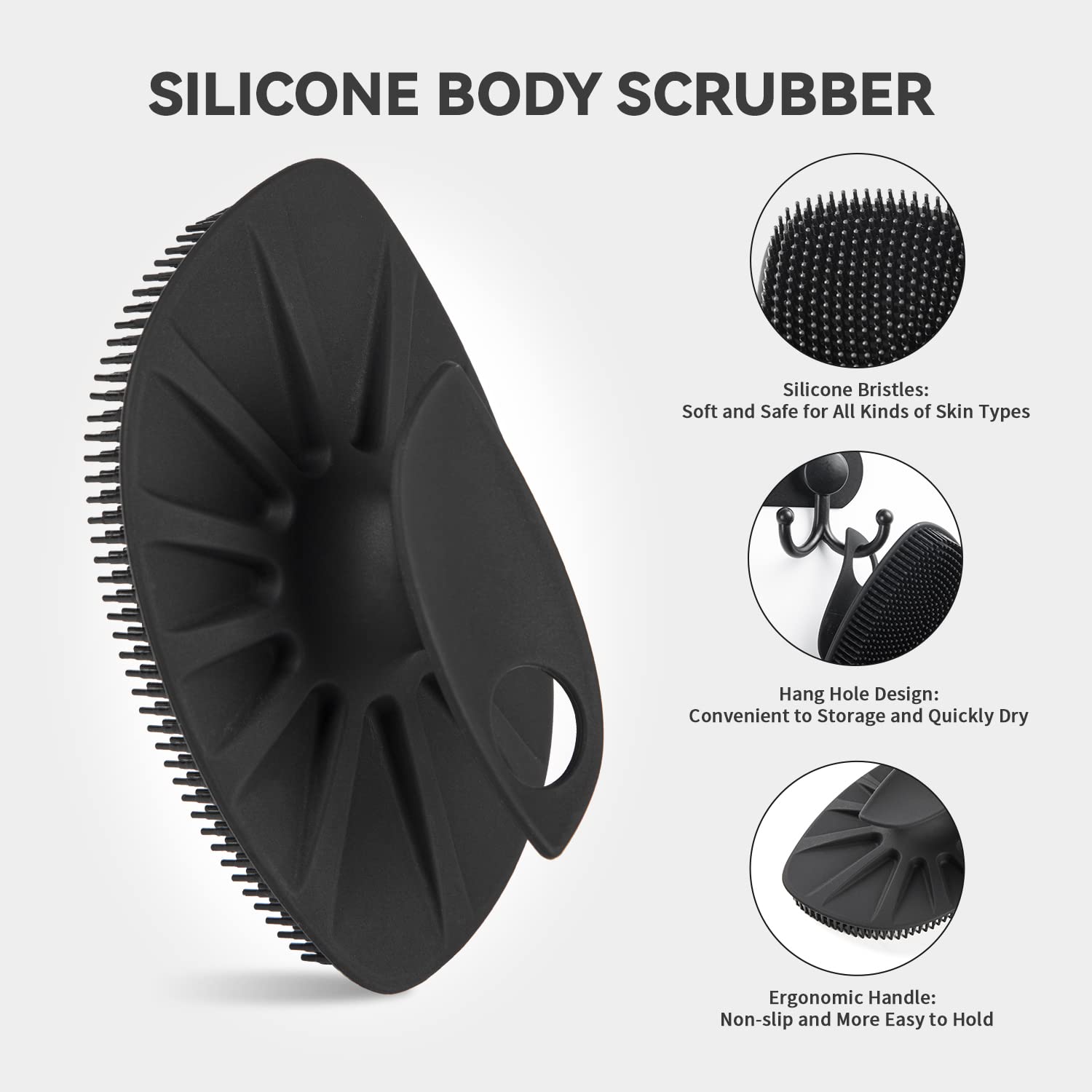 HieerBus Silicone Body Scrubber Flat Shower Brush Gentle Exfoliating and Massage,Long Bristles Lathers Well and More Hygienic Than Traditional Loofah 1 Pack (Black)