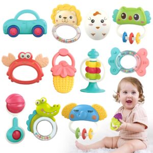 qizebaby baby toys 6 to 12 months, 12pcs rattle baby teething toys, shaker grab and spin rattles toy, music learning toys for 0 1 2 3 4 5 6 7 8 9 10 11 12 month newborn baby infant toddlers boys girls