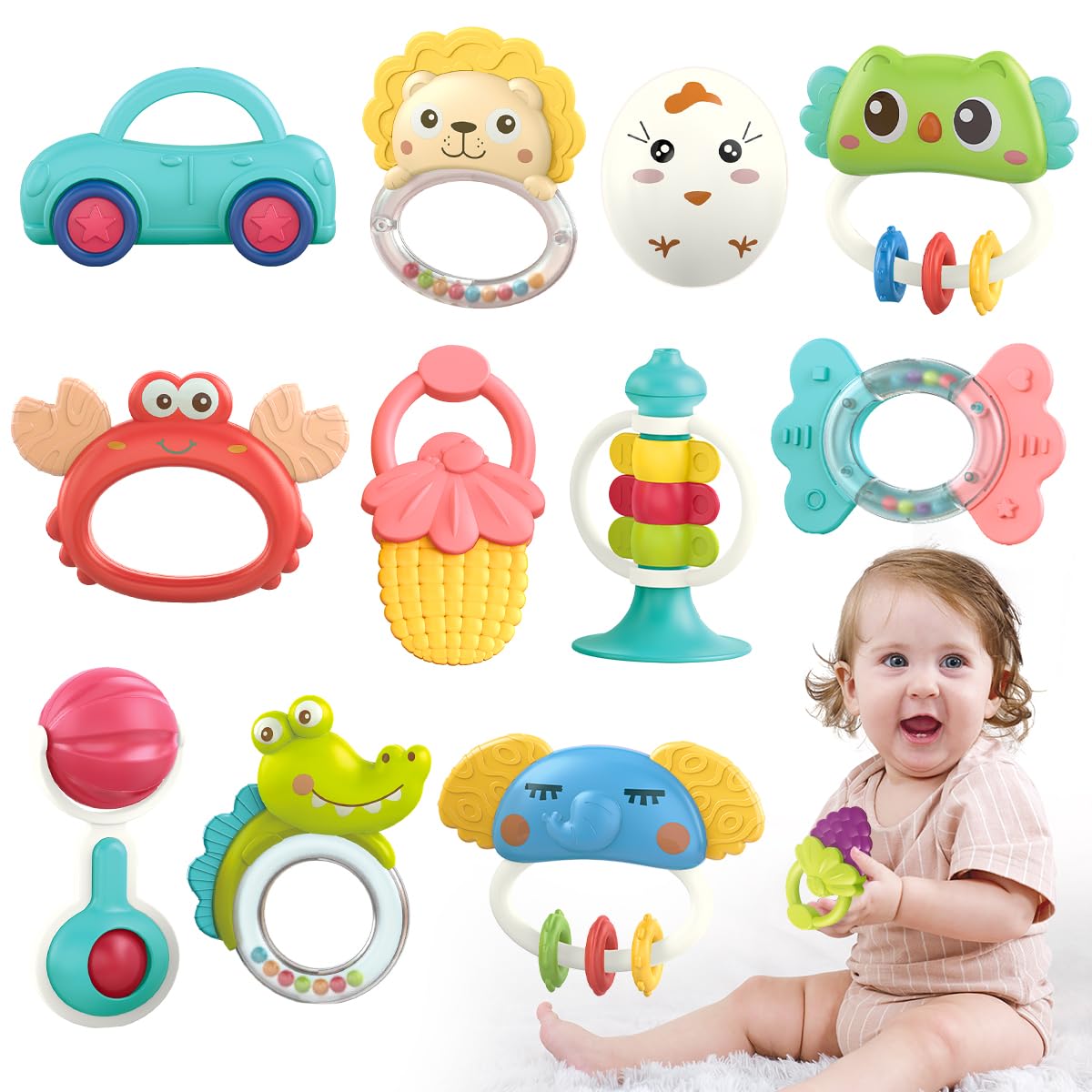 Qizebaby Baby Toys 6 to 12 Months, 12PCS Rattle Baby Teething Toys, Shaker Grab and Spin Rattles Toy, Music Learning Toys for 0 1 2 3 4 5 6 7 8 9 10 11 12 Month Newborn Baby Infant Toddlers Boys Girls