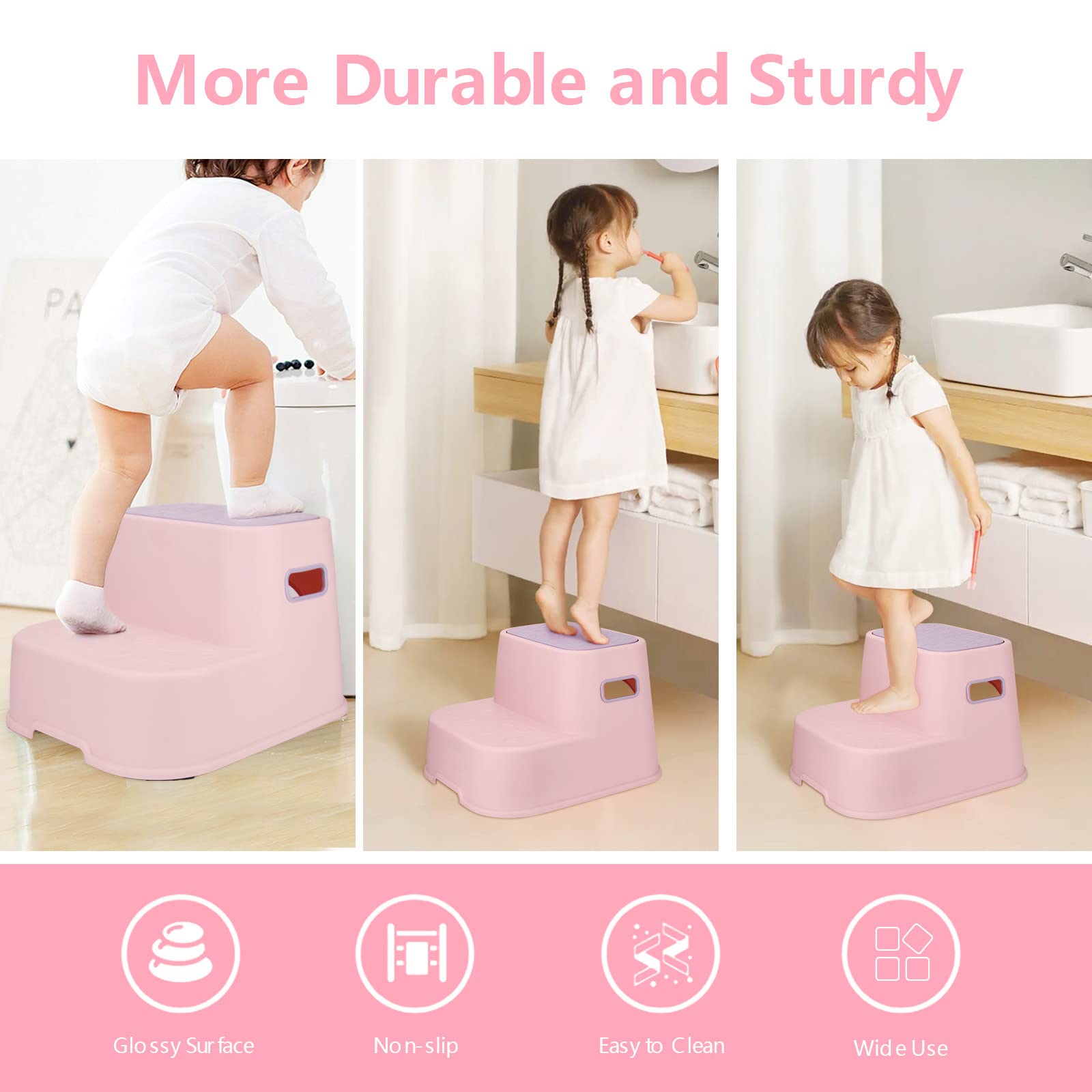 2 Step Stool for Kids -2 Pack, Toddler Two Step Stool for Potty Training, Bathroom, Kitchen, Anti-Slip Sturdy Safety Bottom HeightWidth (Pink)