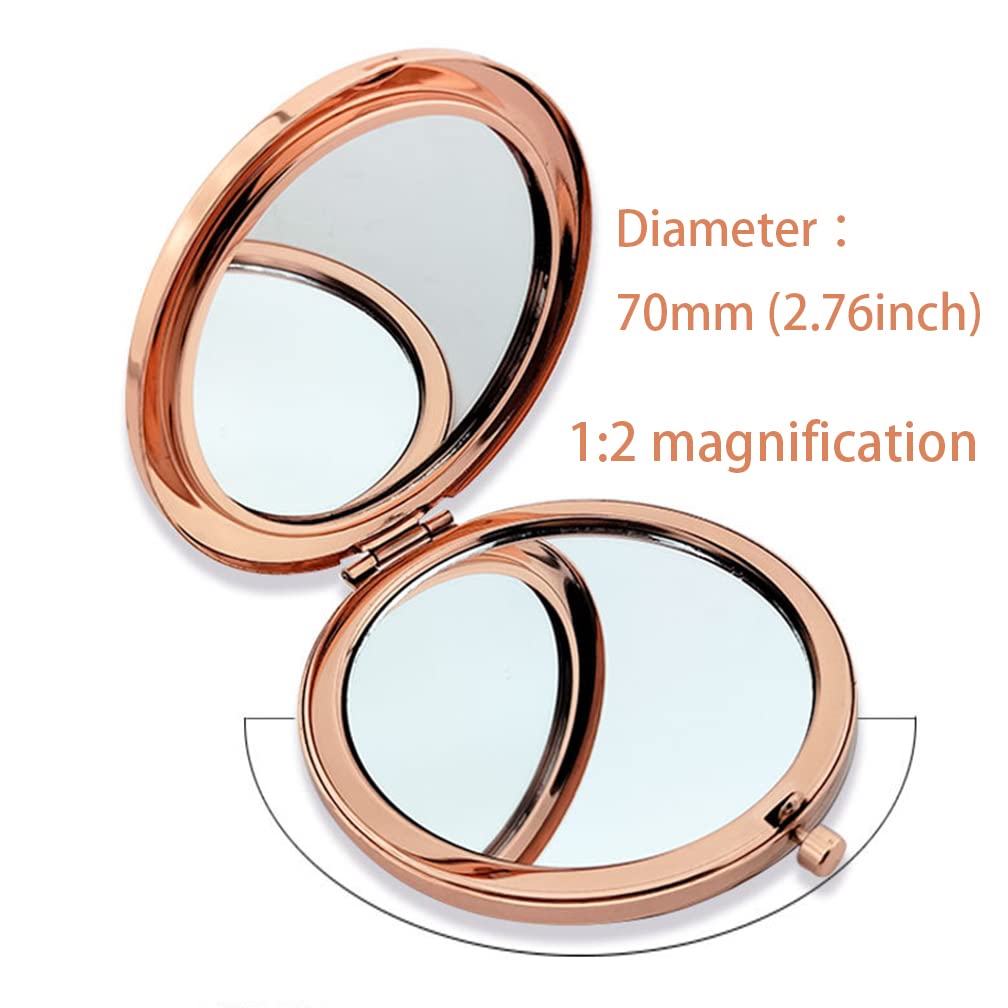 oaiqiy Compact Mirror, Handheld 2.75 inches Travel Makeup Mirror, 1X/2X Magnifying Round Pocket Makeup Mirror(Rose Gold)