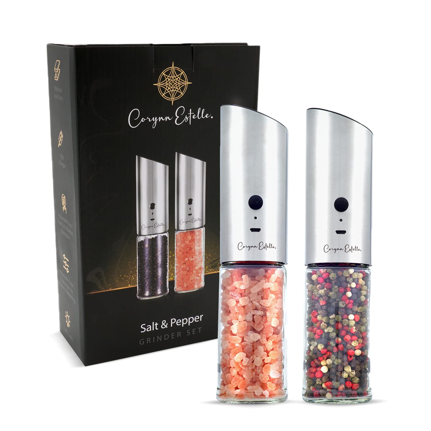 Automatic USB Rechargeable Salt and Pepper Grinder Set - Gravity Electric Salt and Pepper Grinder Set with LED Light and Adjustable Coarseness - Easy to Clean - Cleaning Brush Included - Ideal Gift