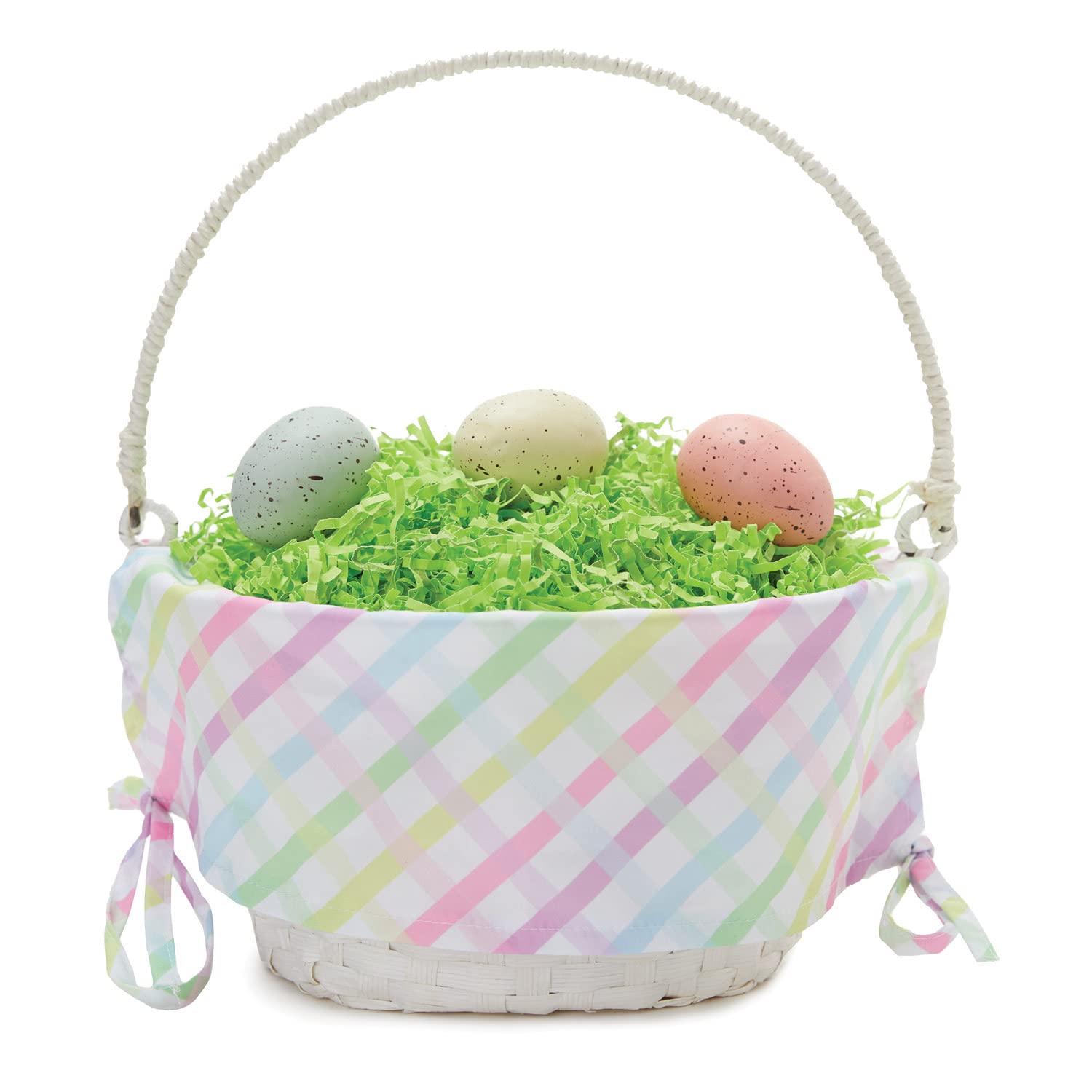 Personalized Easter Egg Basket with Handle and Custom Name in Purple Script | Multicolor Gingham Easter Basket Liners | White Basket | Woven Easter Baskets for Kids Adults | Customized Easter Basket