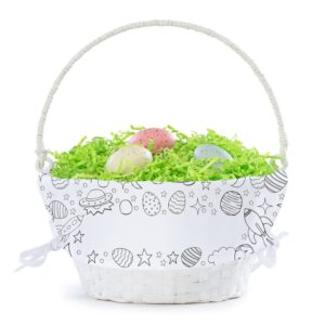 Space Theme DIY Personalized Easter Egg Basket with Handle and Custom Name | Color It Yourself Easter Basket Liners | White Basket | Woven Easter Baskets for Kids | Customized Easter Basket