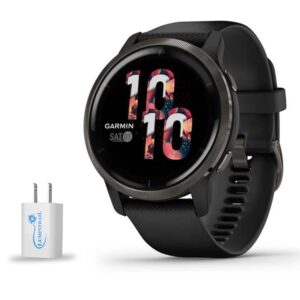 lumintrail garmin venu 2, gps smartwatch, slate bezel with 45 mm black case and silicone band, always-on amoled display, advanced health monitoring and fitness features, with a usb wall plug