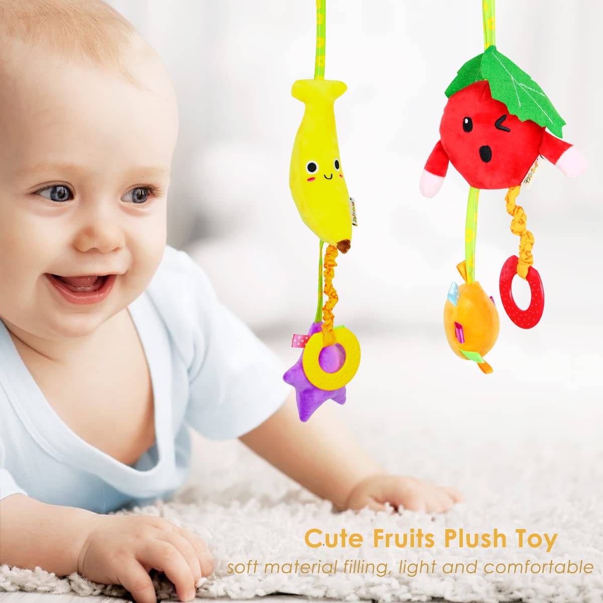 2PCS Soft Plush Hanging Stroller Toys with Teether and Rattles,Newborn Stroller Car Seat Crib Toys Colorful Fruits Sensory Early Development Toy for 0-12 Months Toddlers(Banana ＆ Strawberry)