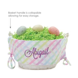 Personalized Easter Egg Basket with Handle and Custom Name in Purple Script | Multicolor Gingham Easter Basket Liners | White Basket | Woven Easter Baskets for Kids Adults | Customized Easter Basket