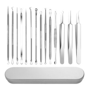 fixbody blackhead & splinter remover tools - stainless steel professional easily cure pimples whiteheads comedones acne zit ingrown hairs and facial impurities bend head tweezer surgical kit (14 pcs)