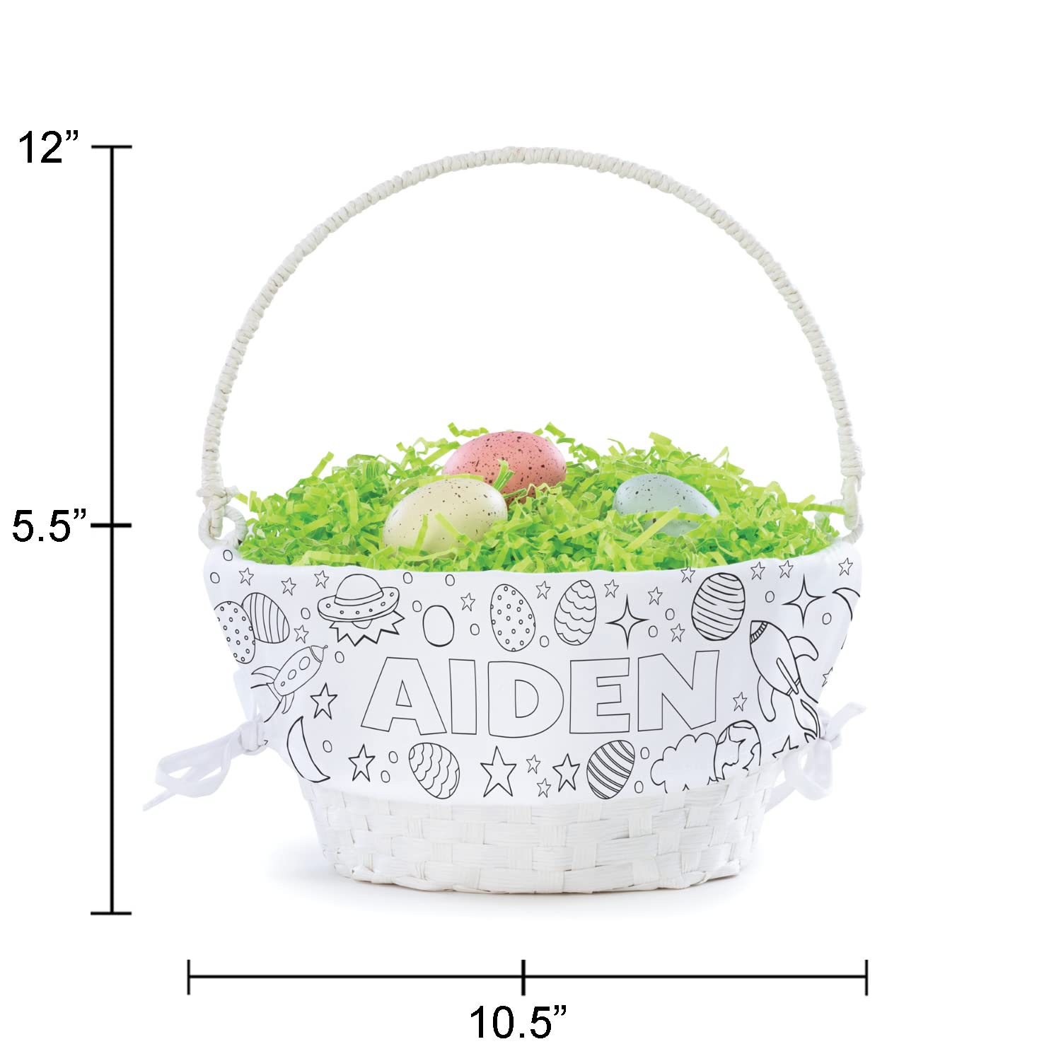 Space Theme DIY Personalized Easter Egg Basket with Handle and Custom Name | Color It Yourself Easter Basket Liners | White Basket | Woven Easter Baskets for Kids | Customized Easter Basket