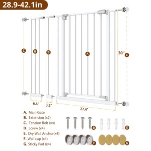 InnoTruth 29-39.6" Width Auto Close Dog Gate, 30" Tall Wide Baby Gate for Pets, Extra Wall Pressure or Hardware Mounted for Stairs, Doorways, Bedrooms, Safety Child No Drill Walk Through Gate, White