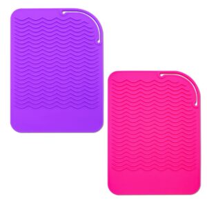 2 pack silicone heat resistant travel mat, non slip curling & flat iron mat pad, portable styling heat mat for hot hair tools, straightener, salon appliances, 9x6.5 (rose red,purple)