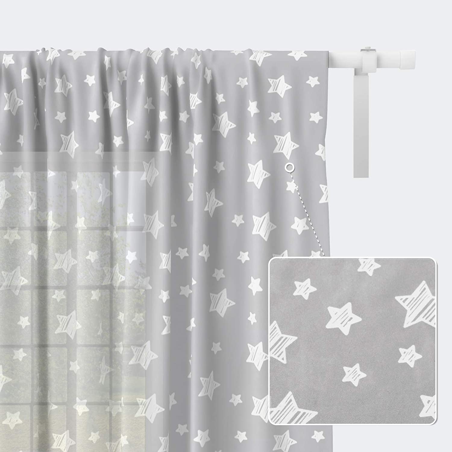 Kids Curtains for Bedroom 42W x 63H Inch 2 Panels, Thermal Insulated Curtains Noise Reducing Window Curtain, Star Print Room Curtains for Living Room, Grey Star