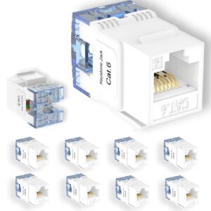 vcelink cat6 rj45 keystone jacks slim profile 10-pack, 180-degree ethernet wall jack punch down, cat5e cat5 keystone module connector utp, 110-type for wall plate, patch panel (white)