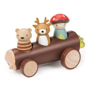 tender leaf toys - timber taxi - wooden log shaped push vehicle with 3 removeable characters - open-ended play toy, explore role-play and imagination for boys and girls - age 18m+