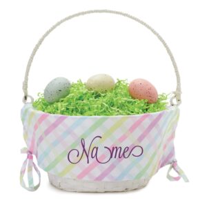 Personalized Easter Egg Basket with Handle and Custom Name in Purple Script | Multicolor Gingham Easter Basket Liners | White Basket | Woven Easter Baskets for Kids Adults | Customized Easter Basket