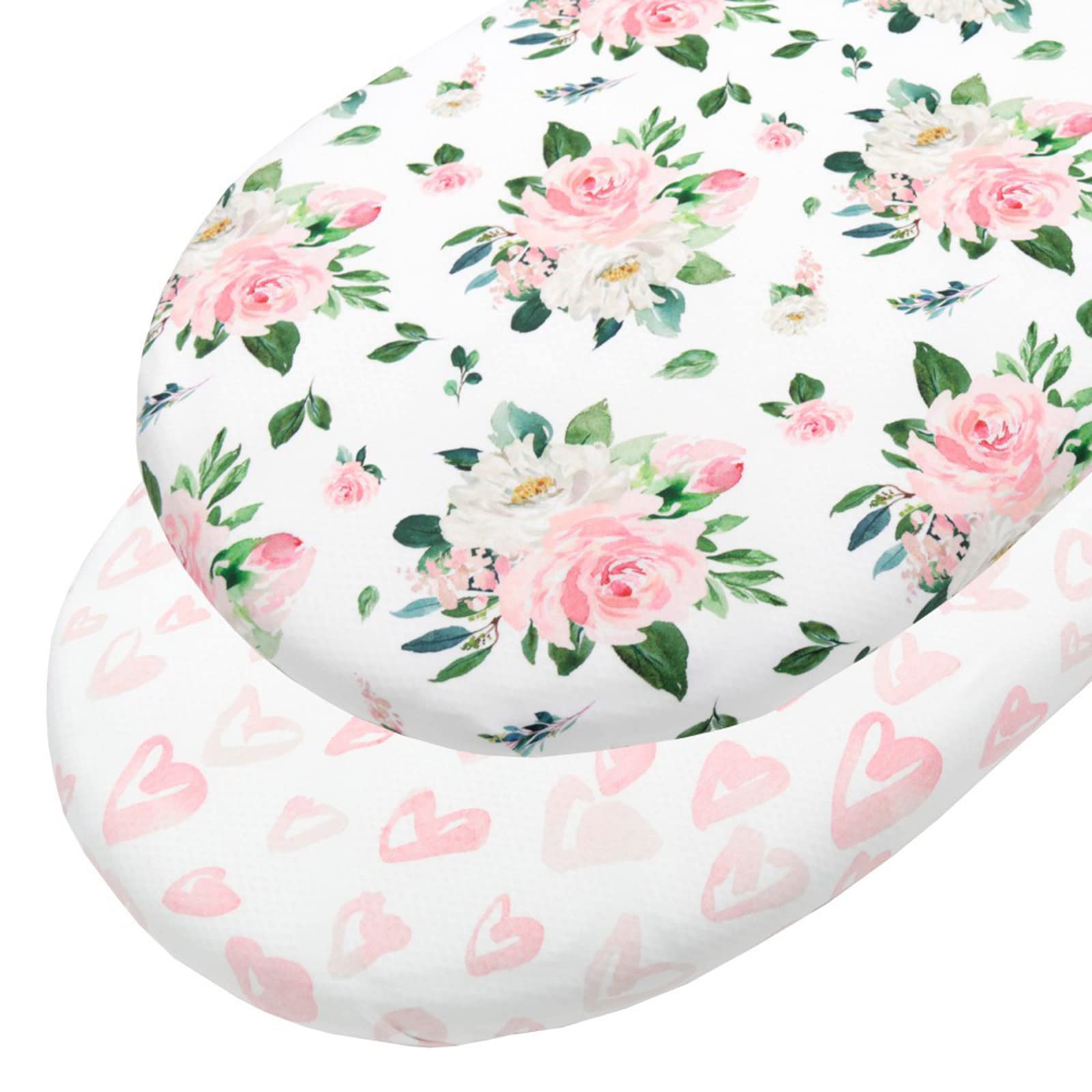 Apone Fatu Moses Basket Baby Sheet Bassinet Set 2 Pack Sheet Cradle Fit for Halo Bassinet Swivel Sleeper Fitted Hourglass Bassinet Mattress Sheet (16.5" x 32", Flower+Love)