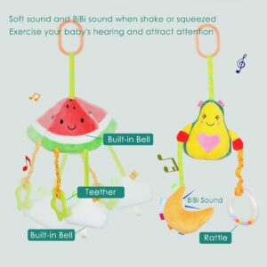 2PCS Soft Plush Hanging Stroller Toys with Teether and Rattles,Newborn Stroller Car Seat Crib Toys Colorful Fruits Sensory Early Development Toy for 0-12 Months Toddlers