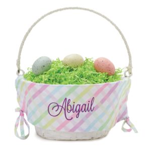 personalized easter egg basket with handle and custom name in purple script | multicolor gingham easter basket liners | white basket | woven easter baskets for kids adults | customized easter basket