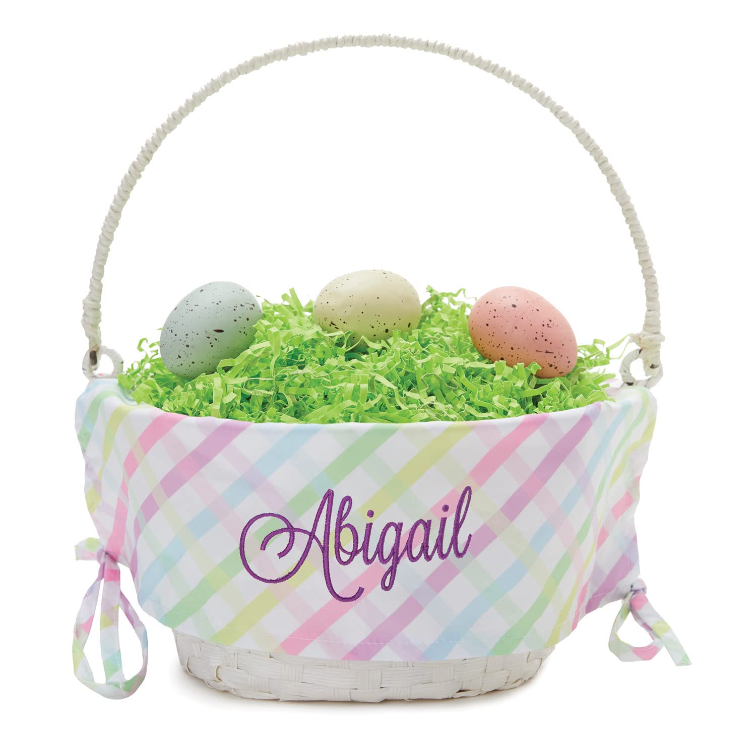 Personalized Easter Egg Basket with Handle and Custom Name in Purple Script | Multicolor Gingham Easter Basket Liners | White Basket | Woven Easter Baskets for Kids Adults | Customized Easter Basket