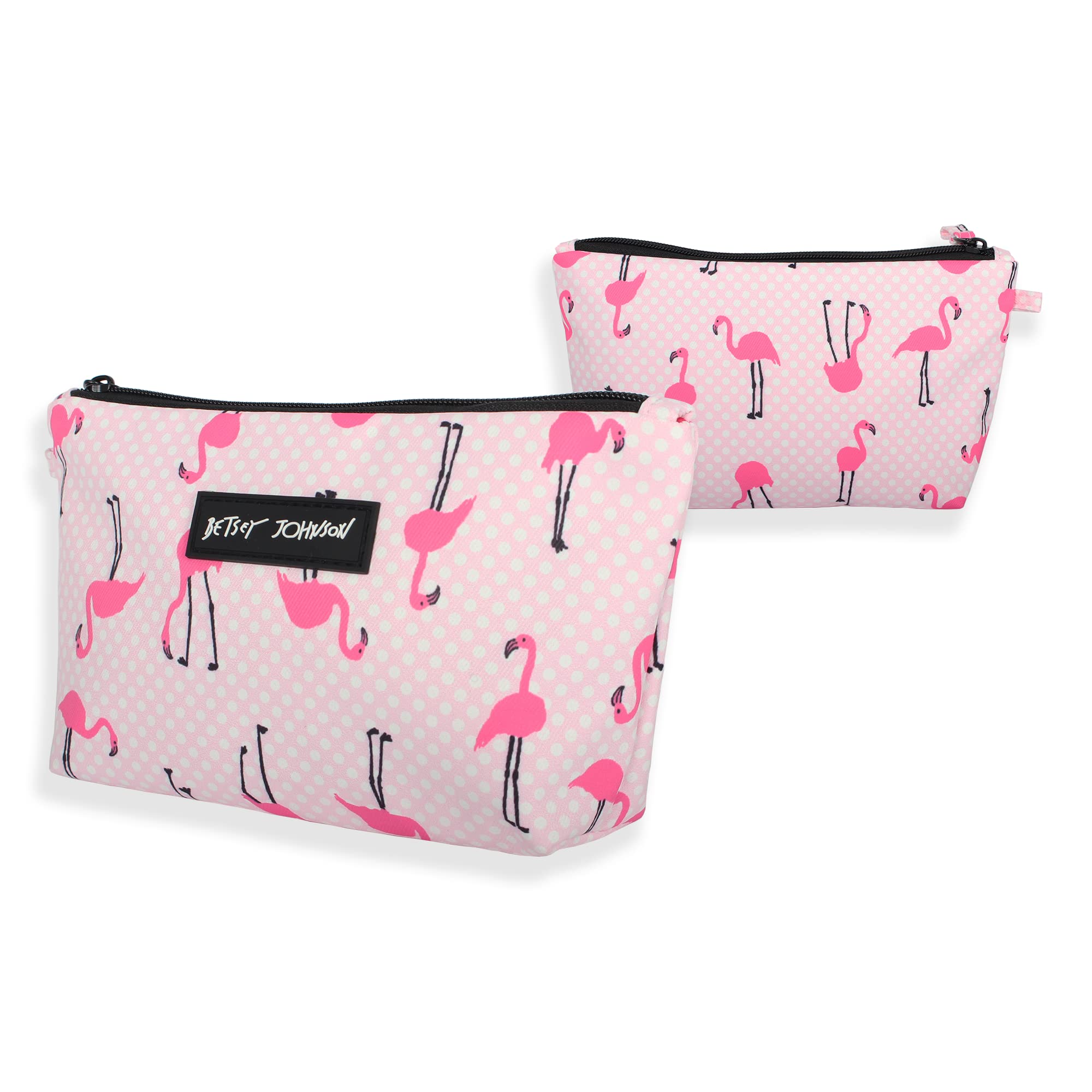 Betsey Johnson 8.5 Inch Zipper Cosmetic Pouch Small Toiletry Bag–Lightweight Durable Polyester Organizer with Inner Zipped Pocket Good For Makeup Accessories and Travel Needs (Flamingo Strut)