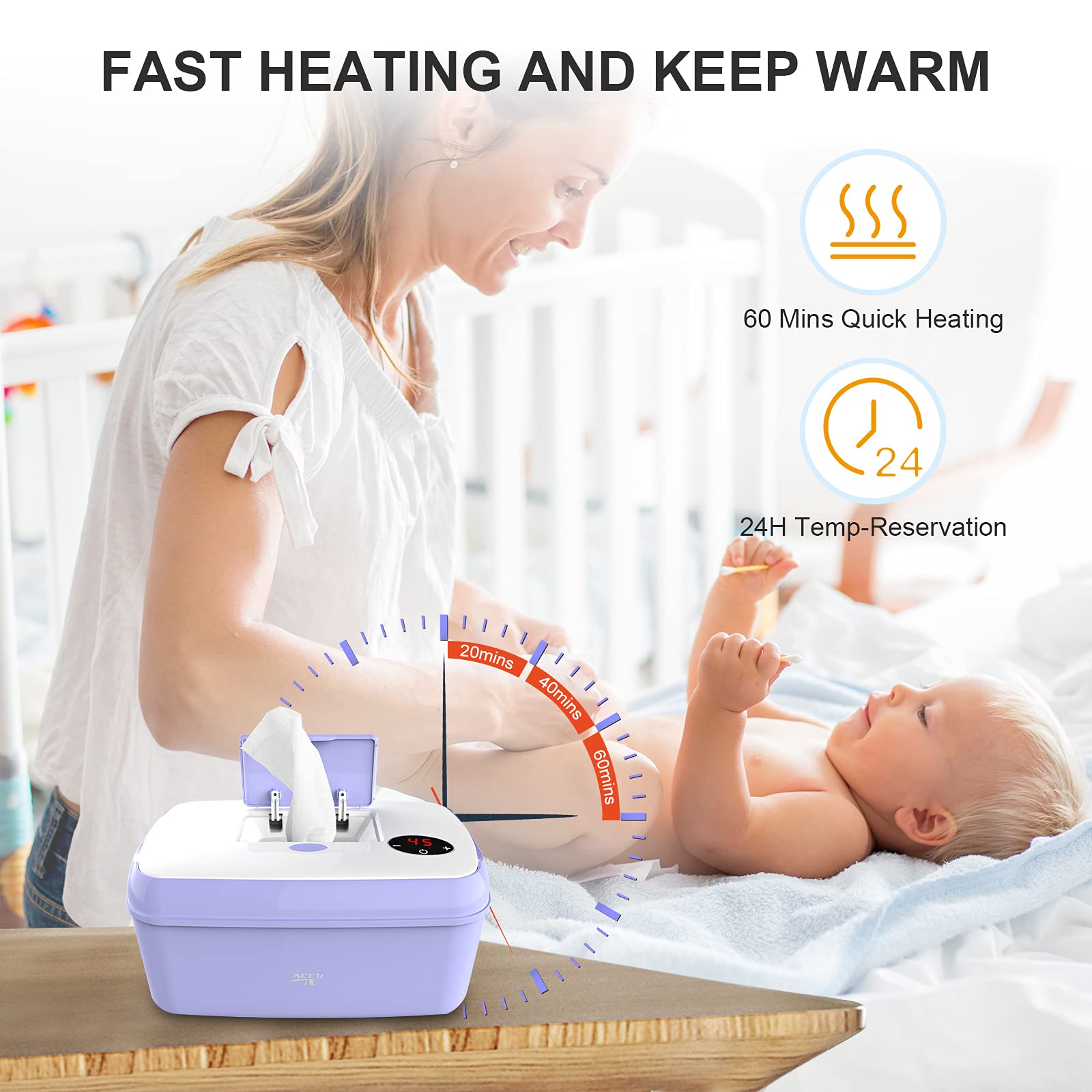 Wipe Warmer Baby Wet Wipes Dispenser : High Capacity LED Display Silent Heating - Wipes Diaper Warmer with Adapter for Baby Infant