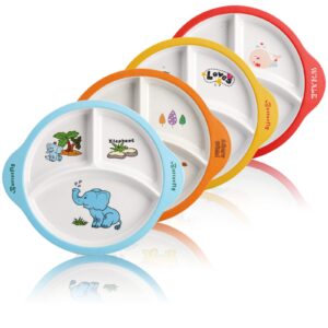 zoofox 4 pieces kids divided plates, bamboo portion plate with 3 compartment, unbreakable cartoon tray for toddlers, dishwasher safe, bpa free