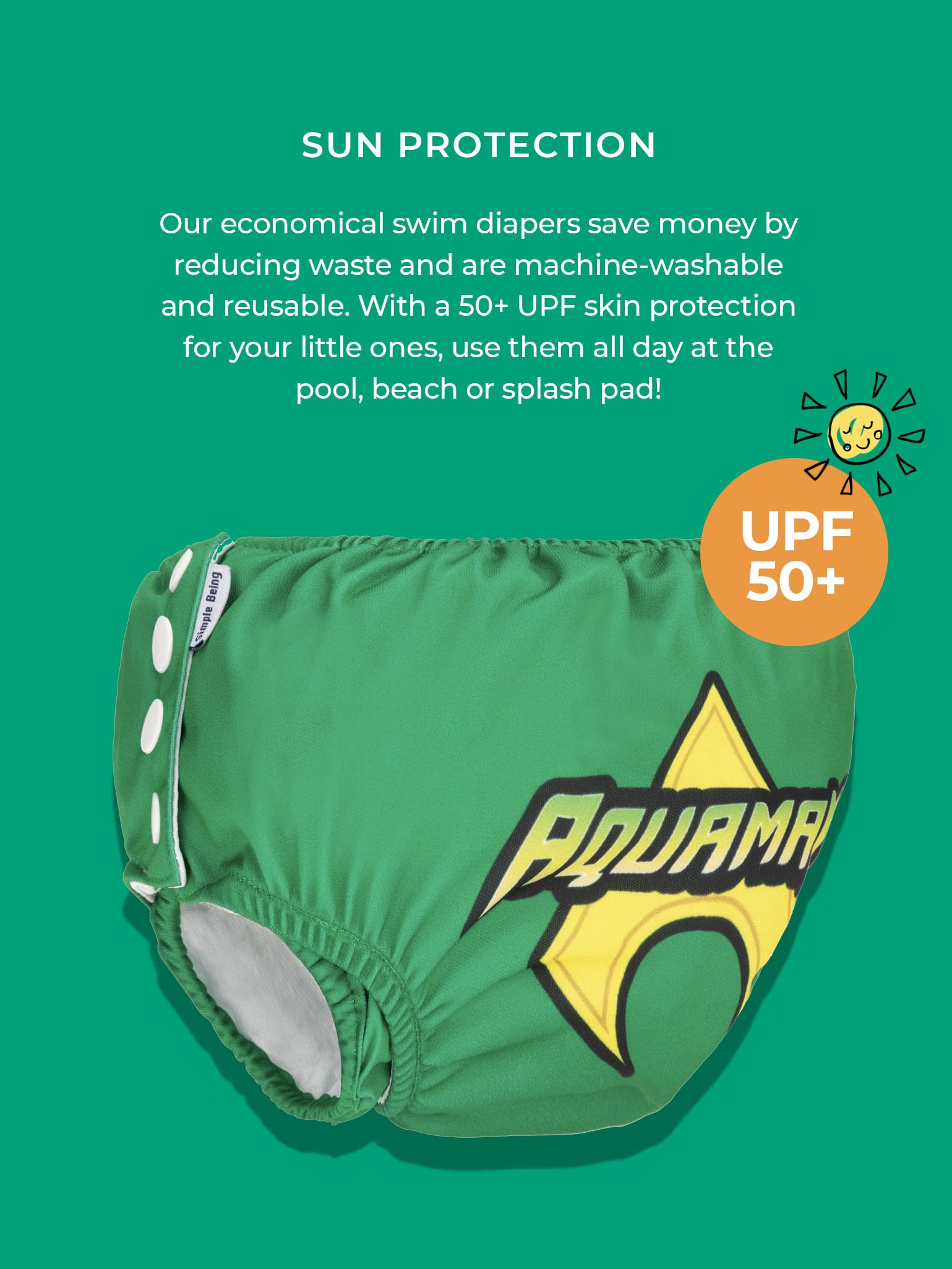 Simple Being Adjustable Snap Reusable Swim Diaper, Double Gusset (DC Aquaman 6 Months)