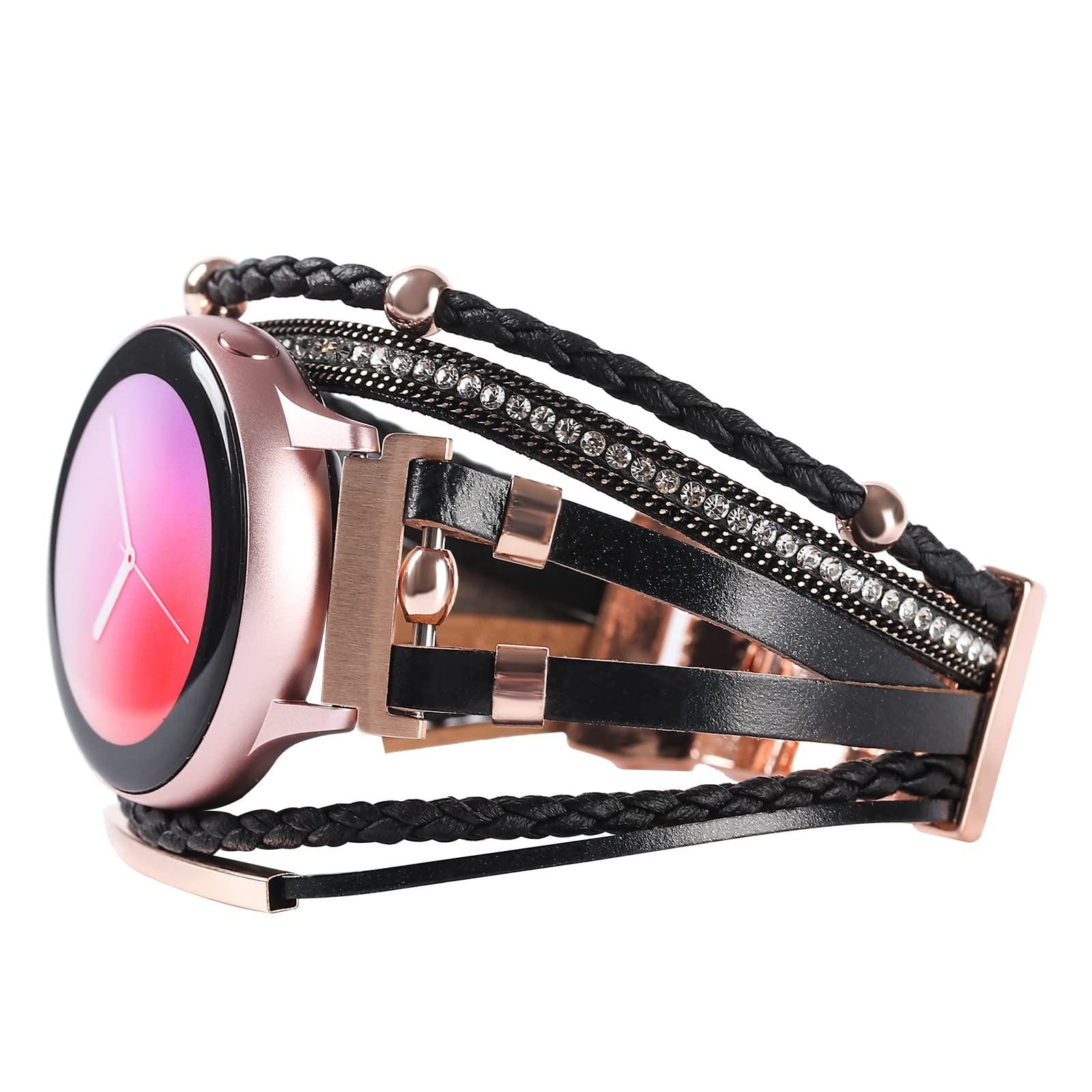 Posh Leather Bands Compatible with Samsung Galaxy Watch 7 6 5 4 40mm 44mm/Watch 6 4 Classic Band 42mm 46mm 43mm 47mm/Galaxy Watch 5 Pro Band 45mm/Active 2, 20mm Boho Bracelet Handmade Strap for Women (Black/Rose Gold)