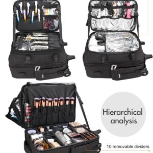 Relavel Barber Travel Backpack, Rolling Makeup Train Case Hairstylist Traveling Bag for Hairdressers and Makeup Artists, Heat Insulation Layer and Adjustable Dividers Cosmetology Case on Wheels