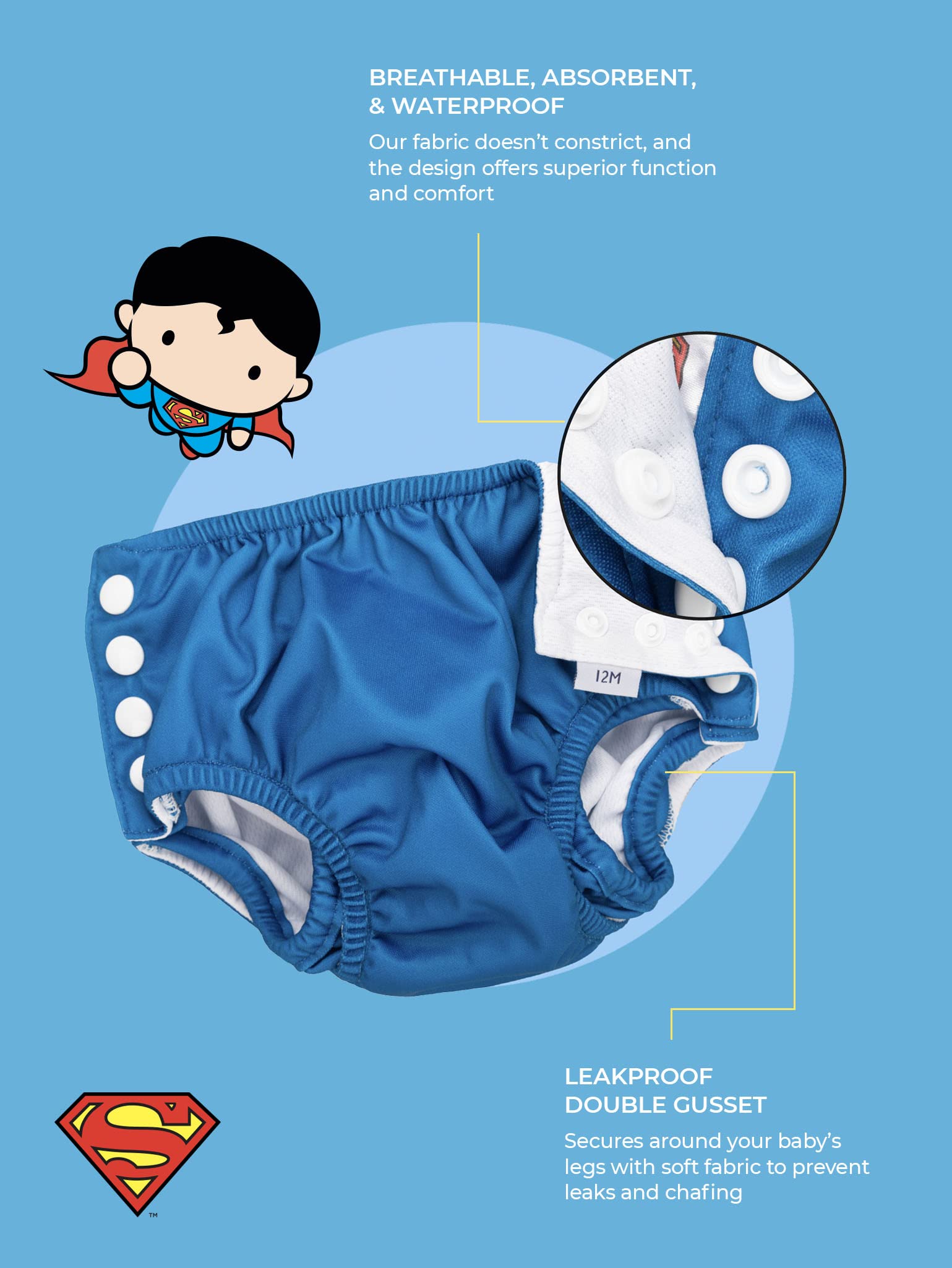 Simple Being Adjustable Snap Reusable Swim Diaper, Double Gusset (DC Superman 18 Months)